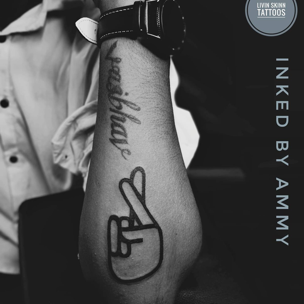 Crossed Fingers of Luck – Minimal Linework Forearm Tattoo - Tattoos.com
