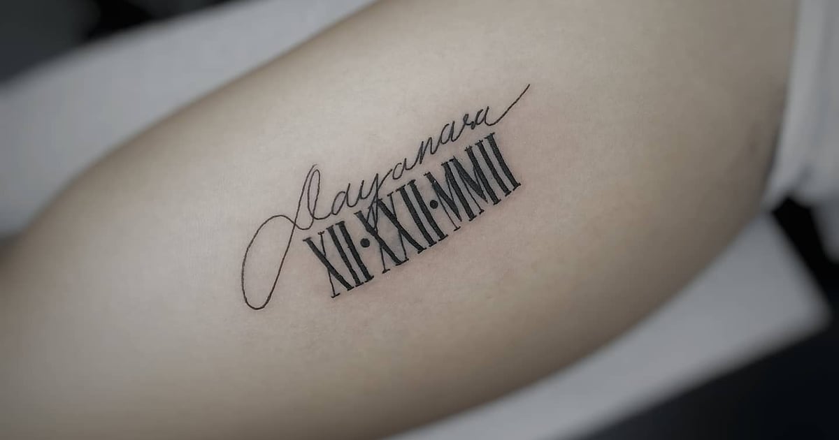 Cursive Name with Roman Date - Tattoos.com