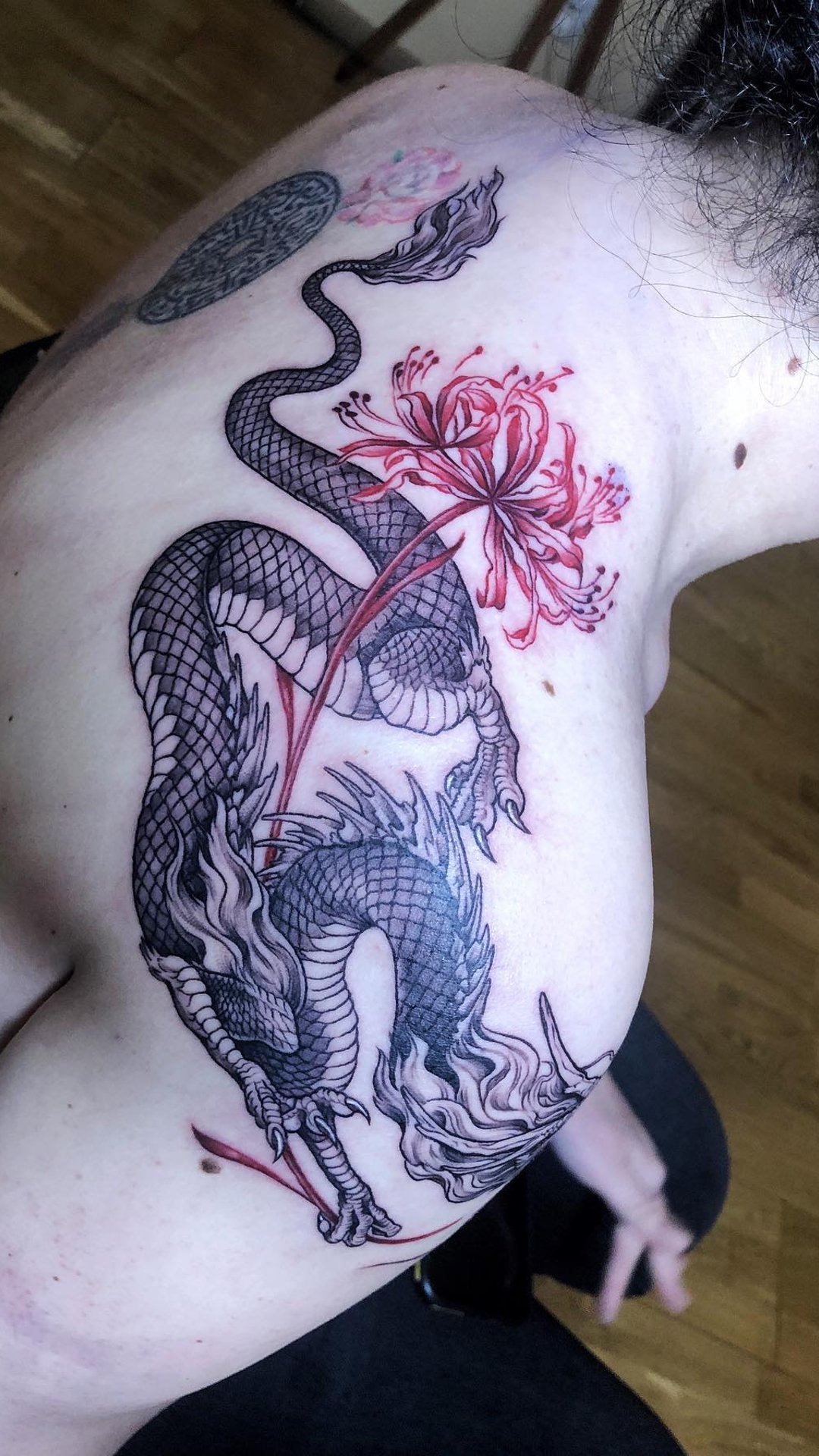 Dragon and Red Spider Lily Shoulder Piece - Tattoos.com