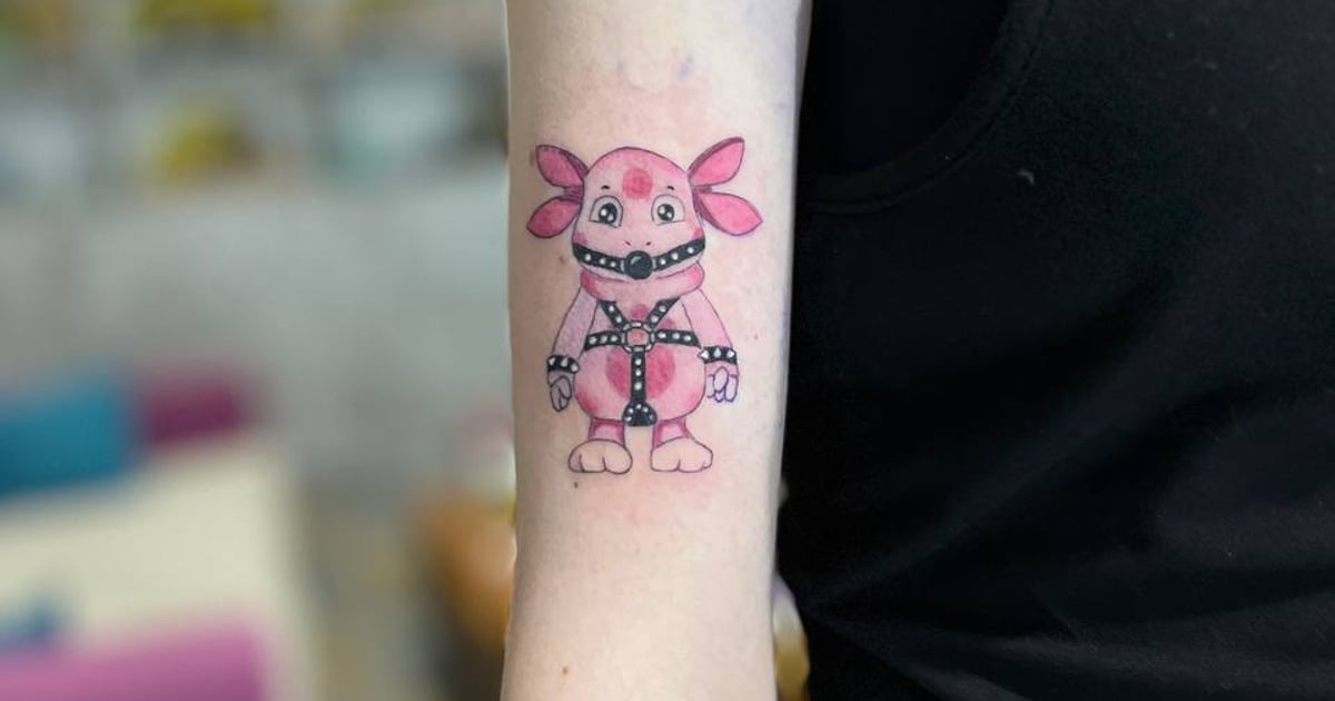 Pink Kawaii Axolotl in Harness - Tattoos.com