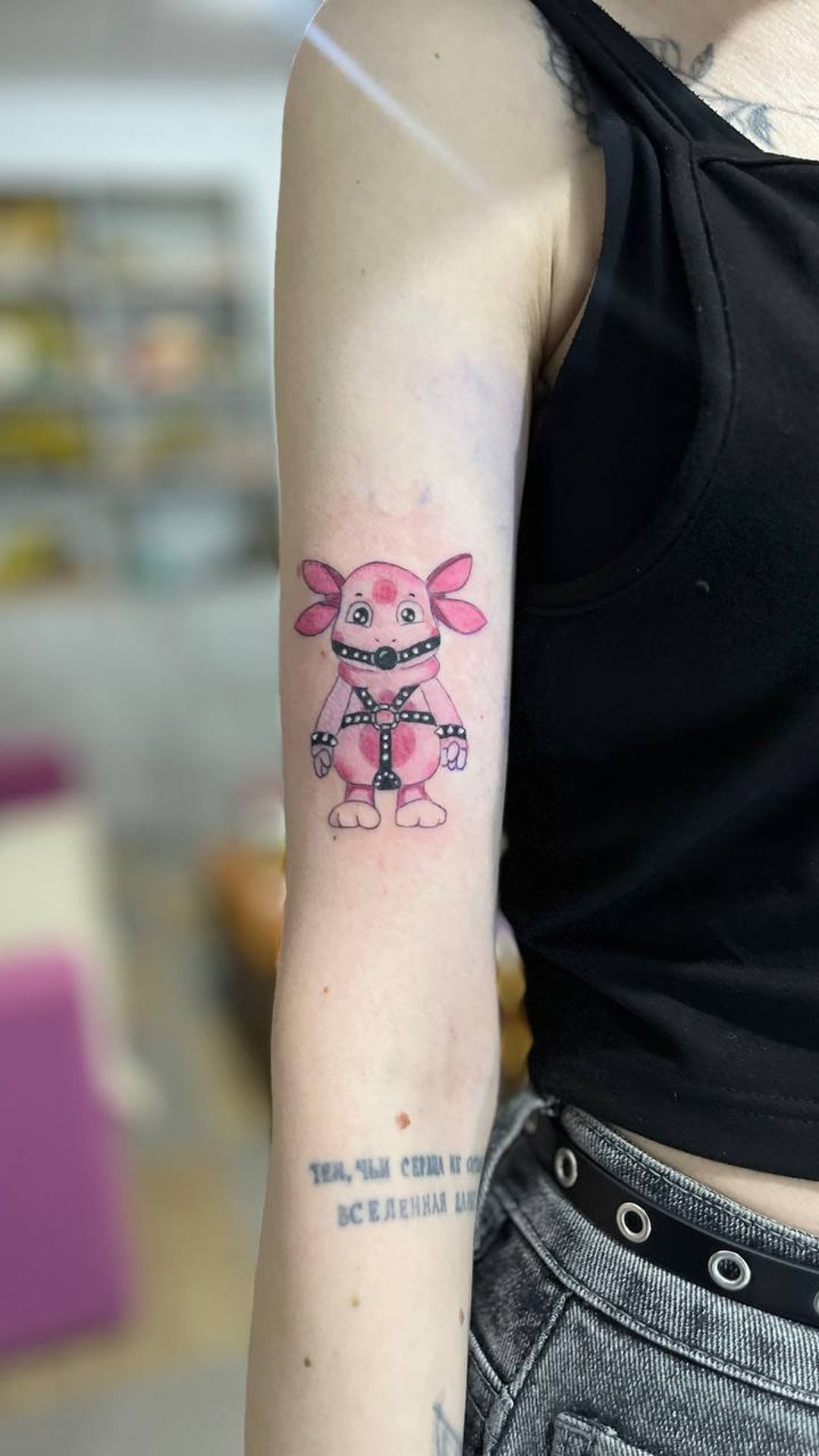 Pink Kawaii Axolotl in Harness - Tattoos.com