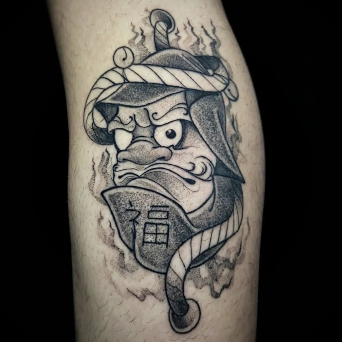 Samurai Mask with Shimenawa and 'Fuku' Kanji - Tattoos.com