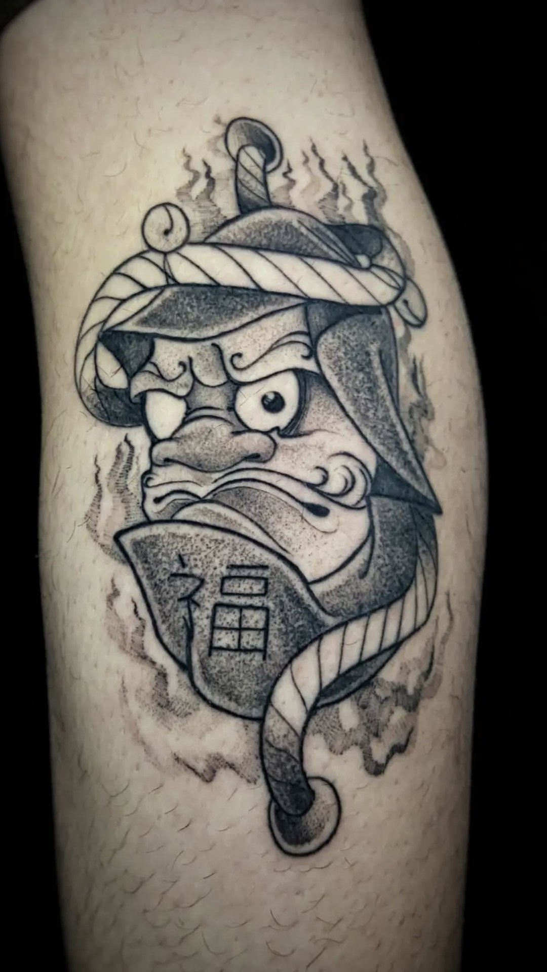 Samurai Mask with Shimenawa and 'Fuku' Kanji - Tattoos.com