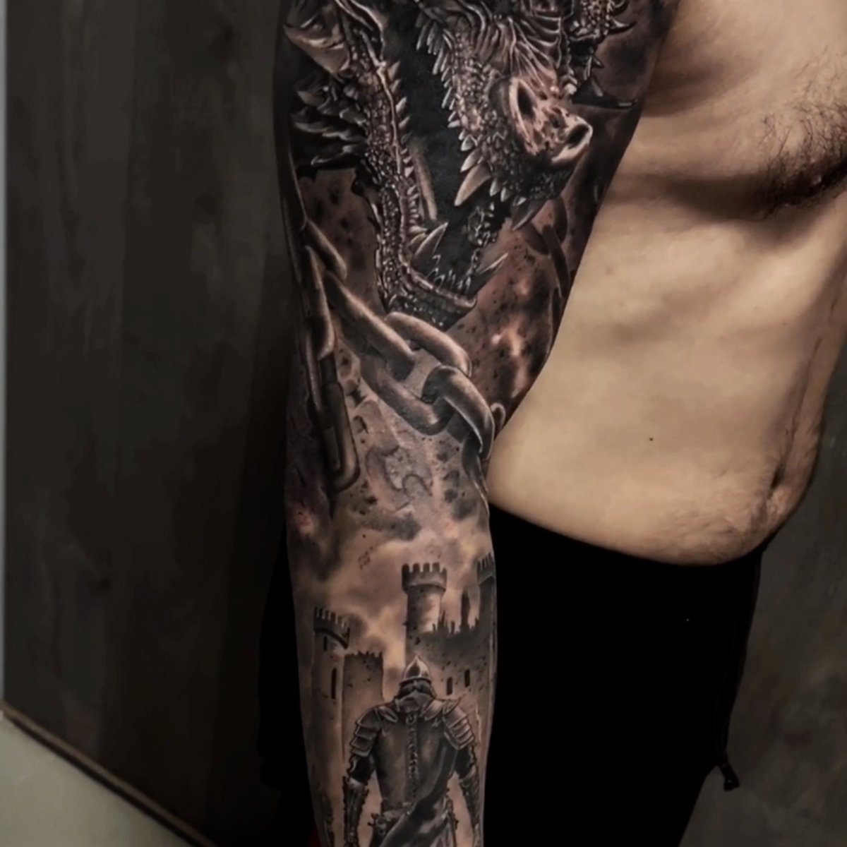 Wyrm and the Knight at the Citadel - Tattoos.com