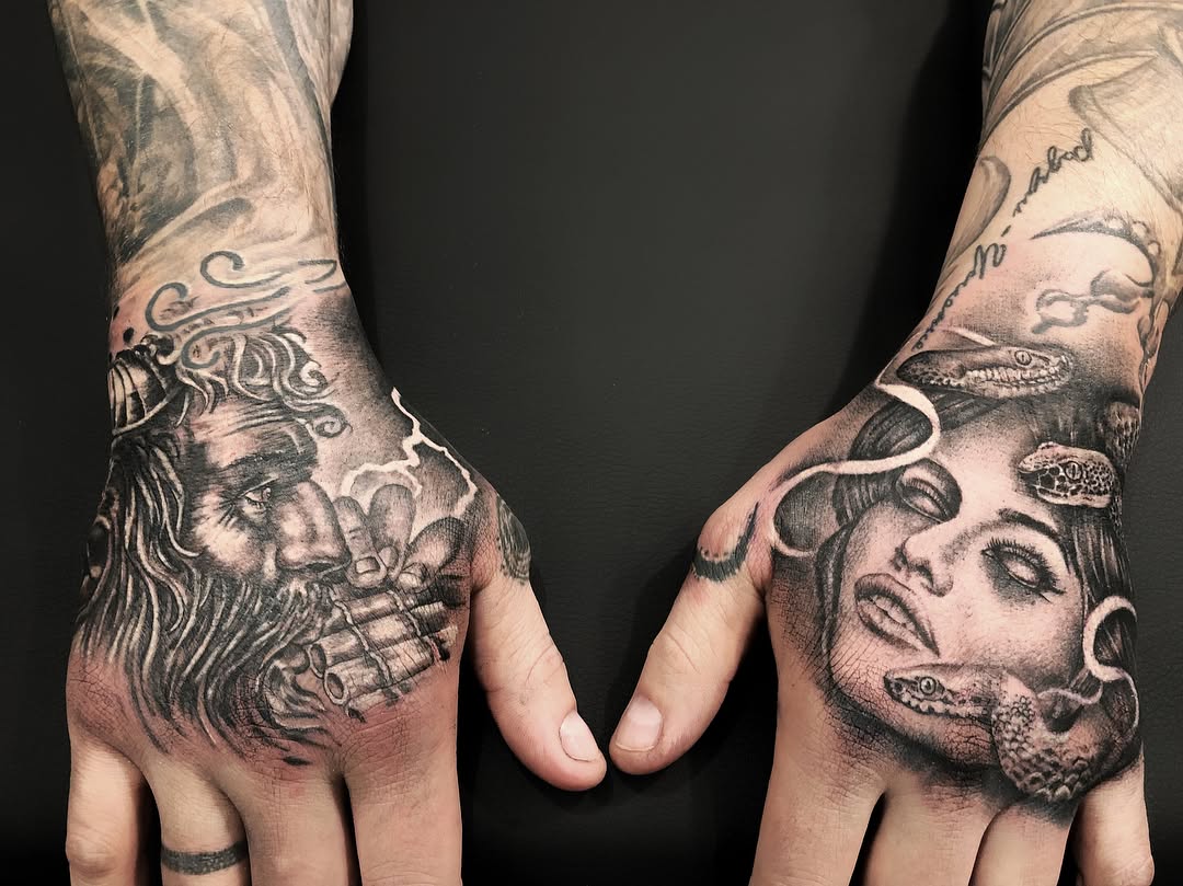 Zeus & Medusa Hand Portraits - Tattoos.com